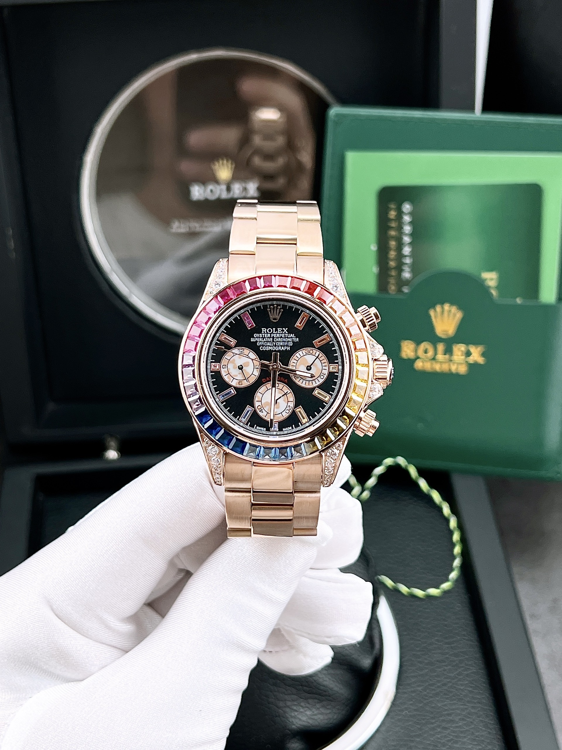 Đồng hồ Rolex Daytona Rainbow Super Fake Nhật vàng hồng 40mm - DWatch